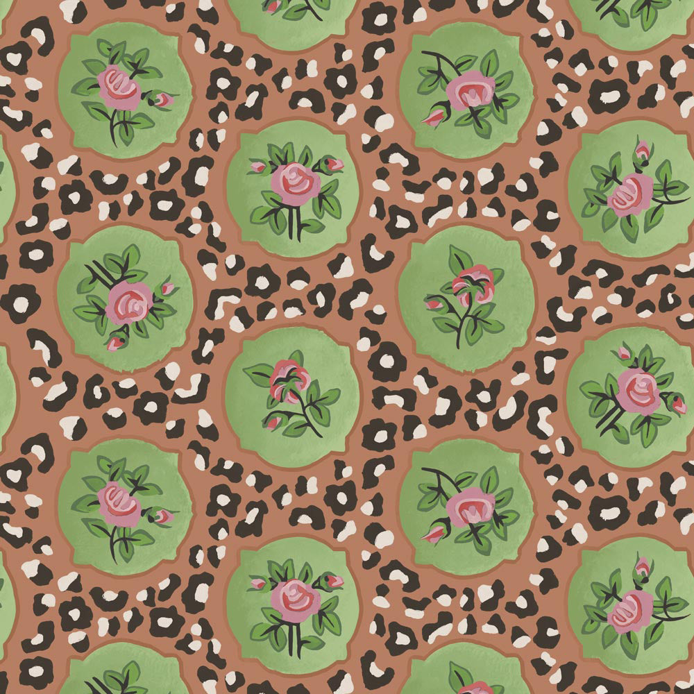 Leopard and Roses Wallpaper, Cognac | Petra Palumbo