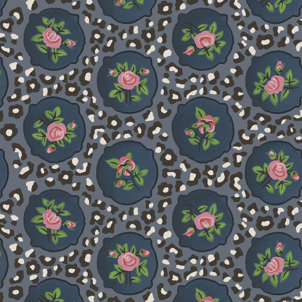 Leopard and Roses Wallpaper, A4 Sample, Twilight | Petra Palumbo