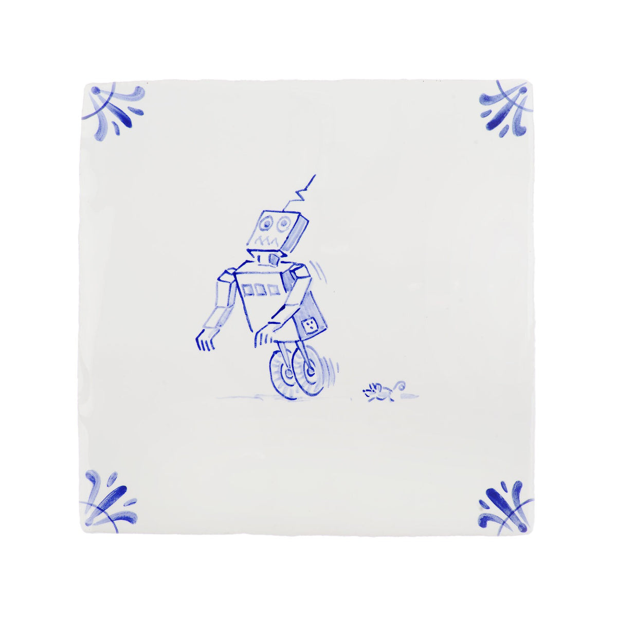 End of Line, Runaway Robot Delft Tile, Blue | Petra Palumbo